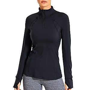 CRZ YOGA Women's Long Sleeve Quarter Zip Pullover Slim Fit Athletic Yoga Tops Workout Running Shirts with Thumbholes Black Small
