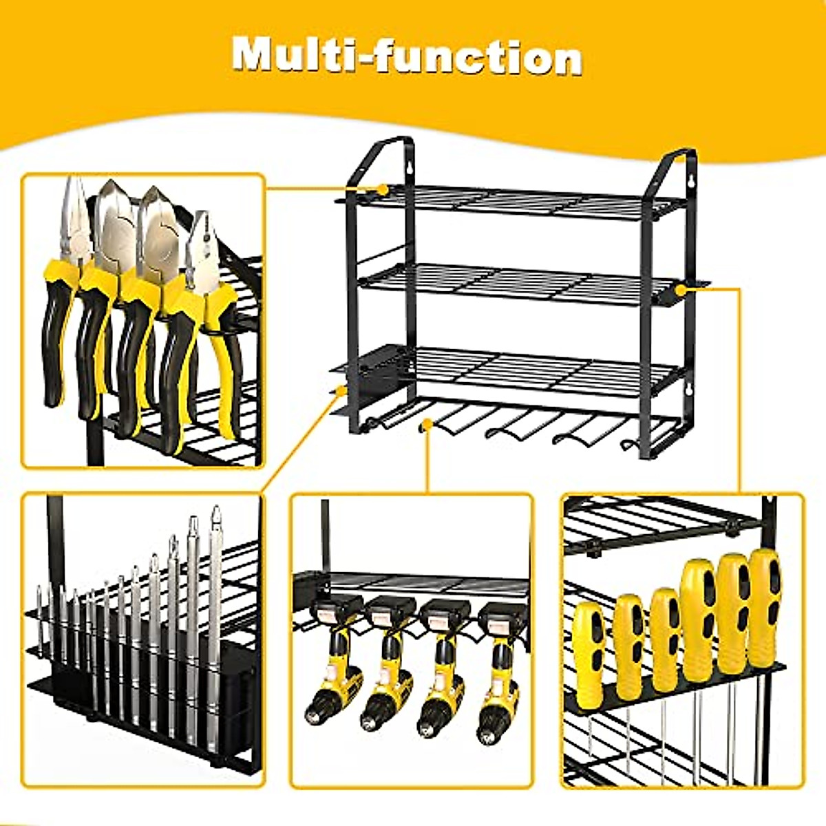 Kcysta Power Tool Organizer, 4 Tier Power Tool Organizer Wall Mount, Heavy Duty Tool Organizers with Drill Holder, Tool Rack Tool Holder Storage Tool Shelf, Black