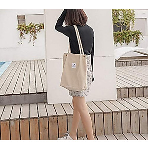 MODANA Corduroy Tote Shopping Bag with Interior Pocket, Reusable Washable and Ecofriendly, Perfect Totes for Shopping Travelling School and So on (Beige)