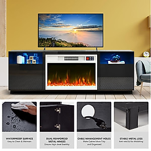 Avocahom Fireplace TV Stand for TVs up to 65”, LED Light Entertainment Center w/Black 23” Electric Fireplace, 2 Open Shelves & Storage Cabinet, Modern Wood Texture Console Table for Living Room, Black