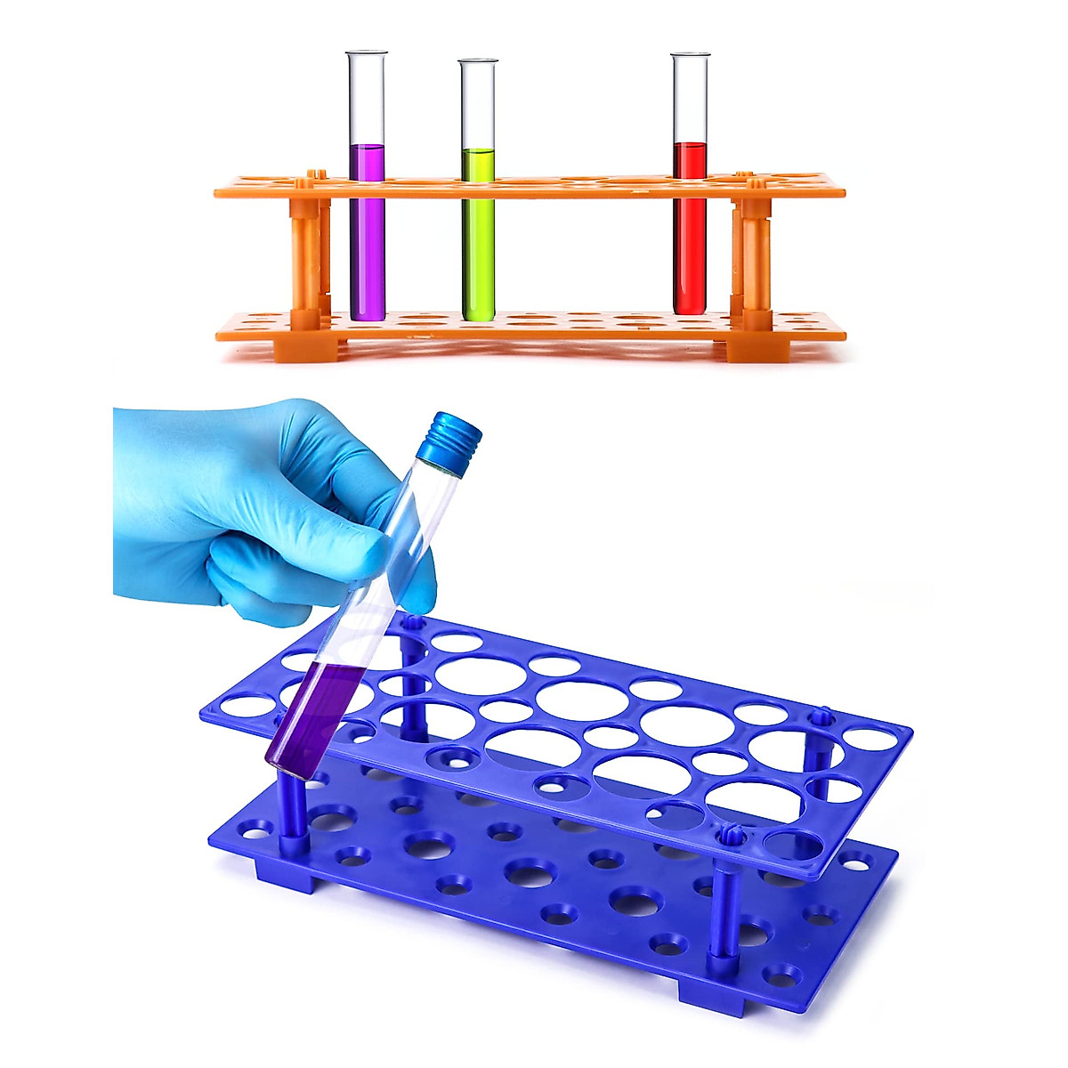 QWORK Plastic Test Tube Rack, 4 Pack Centrifuge Tube Rack Laboratory Holder for 10ml / 15ml / 50ml, 2 Blue and 2 Orange