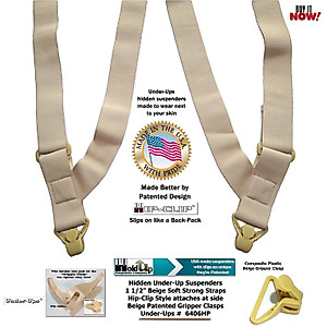 Holdup Tan 1 1/2" Hip-Clip Style Under-Ups Suspenders for Men with the Patented Composite plastic Gripper Clasps
