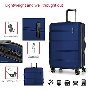 Swiss Mobility LAX Collection 3 Piece Hard Shell Luggage Set, Expandable Suitcases with 360-Degree Spinner Wheels, Retractable Handle, 20 Inch Carry On, 24 Inch Mid-size, 28 Inch Large Bags, Blue