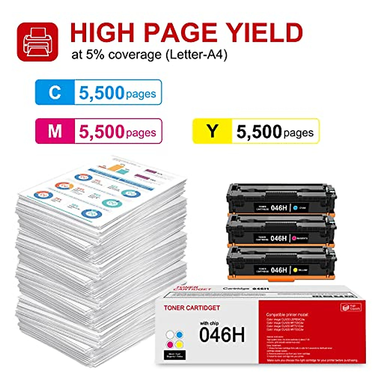 3 Pack 046H C/M/Y Toner Cartridge: Compatible 046H CRG046H 1253C001 1252C001 1251C001 Toner Cartridge Replacement for Canon Color Image Class LBP654Cdw MF735Cdw MF731Cdw MF733Cdw Printer