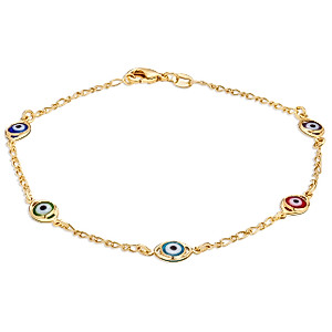 Barzel 18K Gold Plated Multi Color Evil Eye Anklet For Women, 10 Inches - Made in Brazil