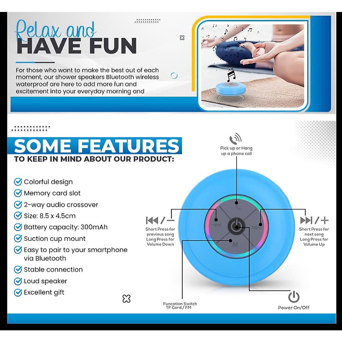 Speakers Bluetooth Wireless – Colorful Shower Speaker – Advanced Waterproof Bluetooth Speaker with Suction Cup Installation - Wireless Speakers with Bluetooth and Rechargeable Battery bathroom speaker