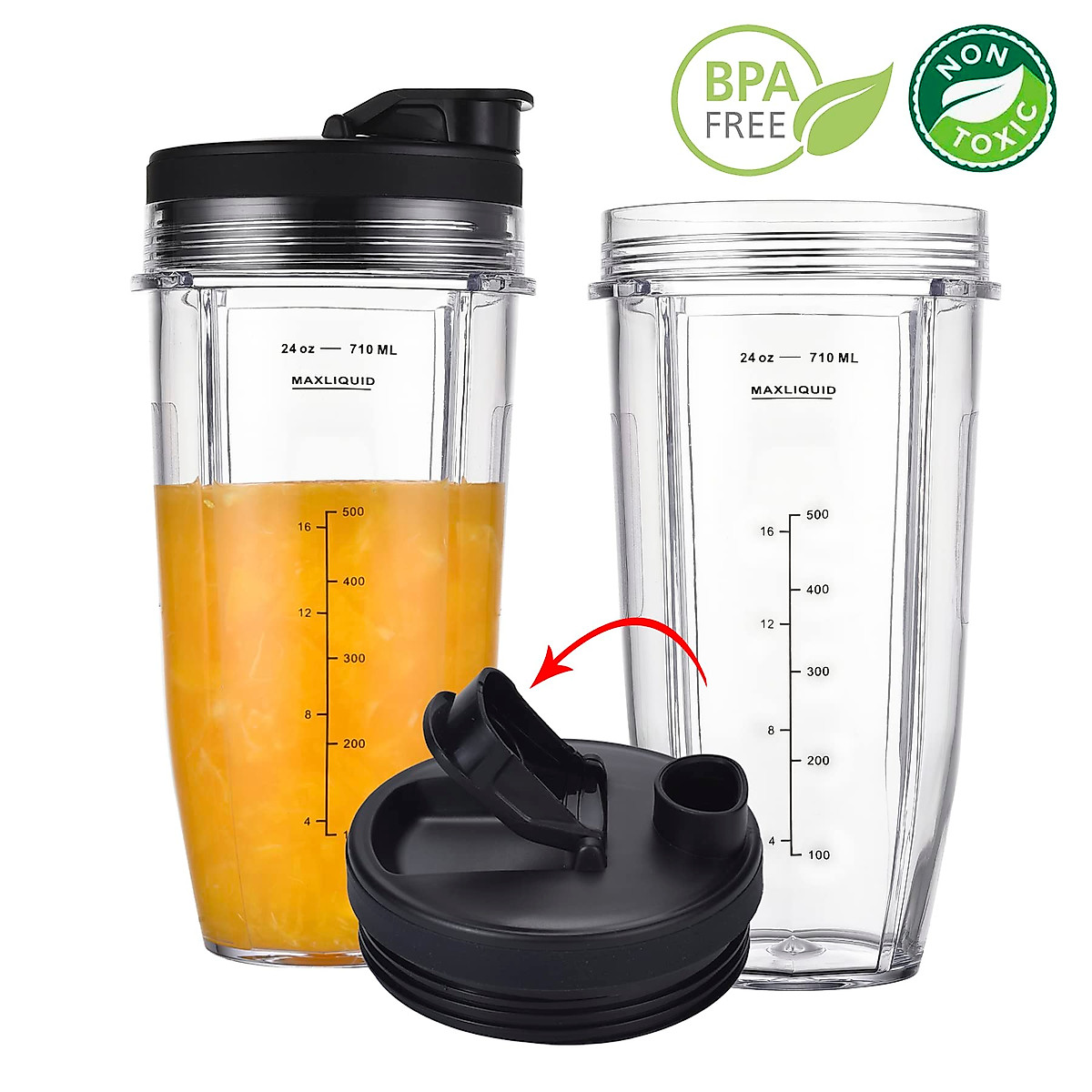 [Upgraded] Replacement 24oz Nutri Ninja Blender Cup with Sip & Seal Lid For BL450 BL454 BL456 BL480 BL482 BL640 BL642 BL682 BN751 BN801 Foodi SS101 SS351 SS401 Ninja Blender Auto IQ Blade, 2 Pack