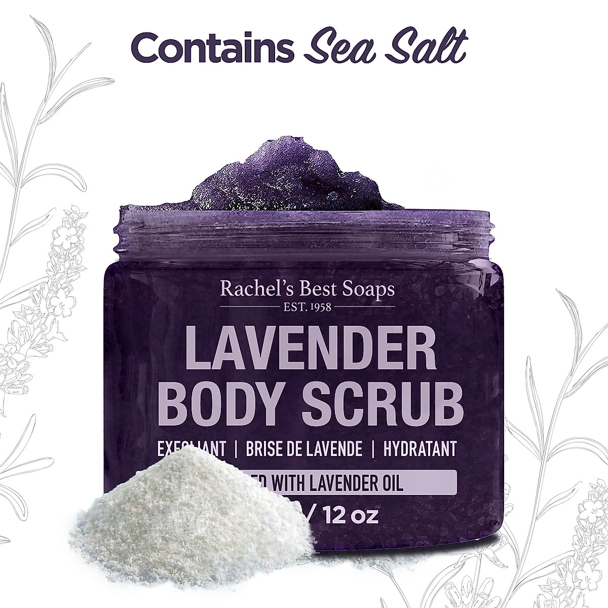 BeautyFrizz Lavender Body Scrub for Women - Exfoliating Body Scrub - Contains Sea Salt, Aloe and Shea Butter - Gently Exfoliates - 12 oz