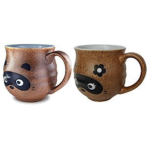 Japanese Porcelain H3.5 Inches 11.1 Fluid Ounces Sushi Tea Cup Mug Brown Tanuki Raccoon Dog Set of 2 Made in Japan