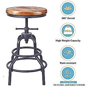 Diwhy Industrial Vintage Bar Stool,Kitchen Counter Height Adjustable Screw Stool ,Swivel Bar Stool,Metal Wood Stool,27 Inch,Fully Welded Set of 2 (Wooden Top)
