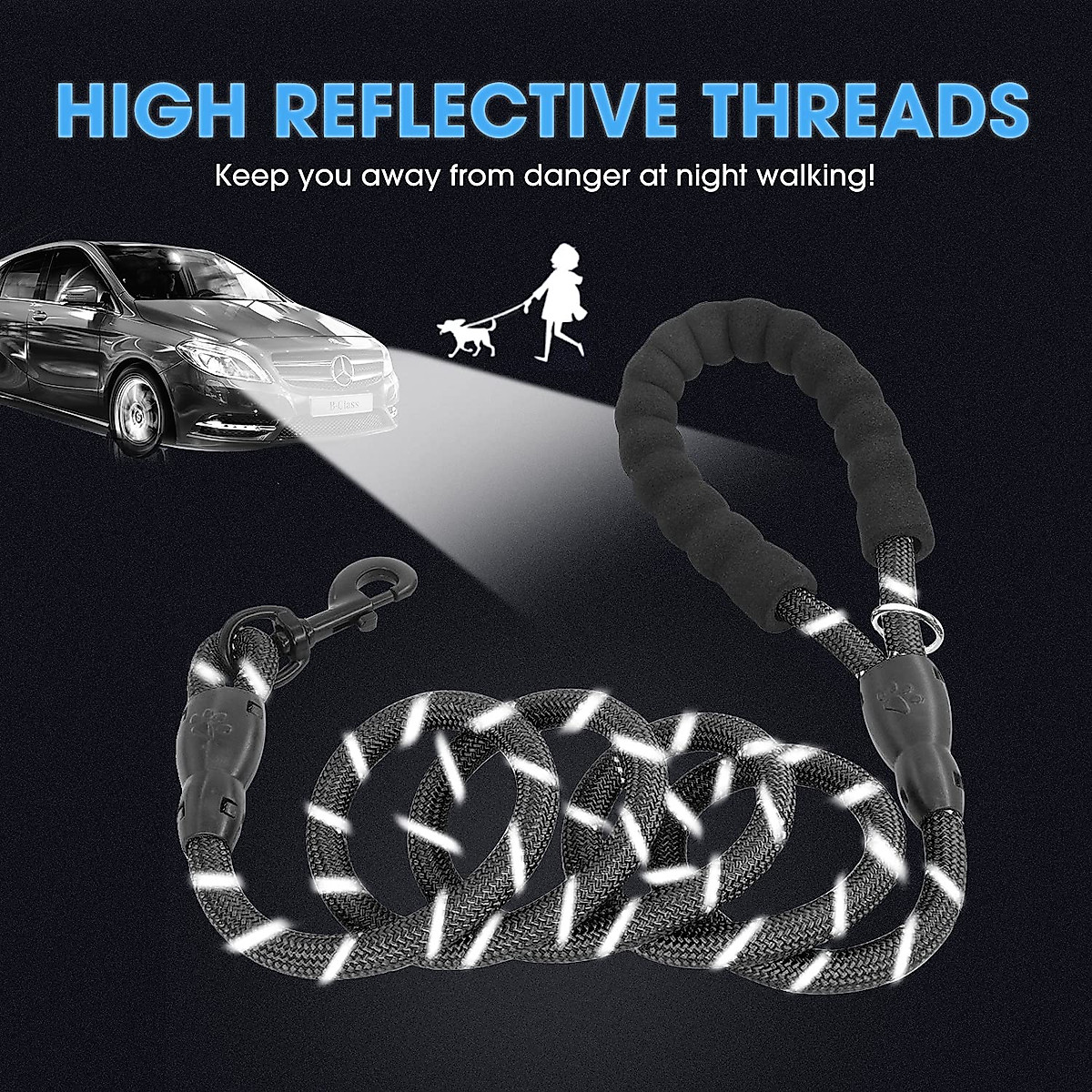 BAAPET 2/4/5/6 FT Dog Leash with Comfortable Padded Handle and Highly Reflective Threads for Small Medium and Large Dogs (6FT-1/2'', Black)