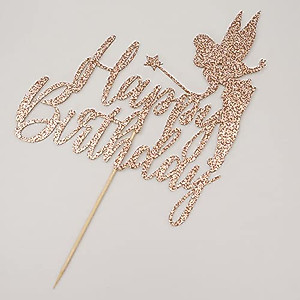 Tinker Bell Happy Birthday Cake Topper, Fairy Tinkerbell Disney Princess Girls Birthday Party Cake Decorations, Rose Gold Glitter