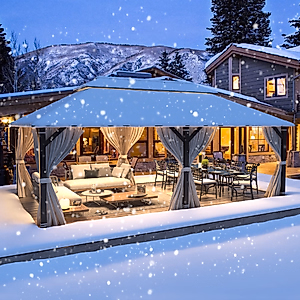 YOLENY 12x20FT Hardtop Gazebo, Permanent Outdoor Aluminum Patio Gazebo with Aluminum Composite Double Roof, Party Tents for Patio Lawn and Garden, Curtains and Netting Included