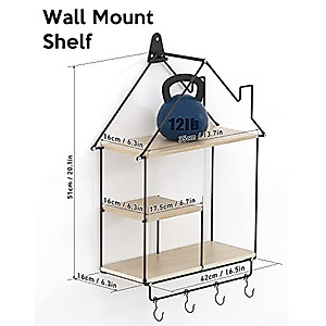 Tikea Floating Shelves, House-Shaped Wall Mounted Shelves for Storage, Modern Farmhouse Hanging Shelf with Metal Frames and Addition Hooks for Living Room Bedroom Bathroom Entryway Decor