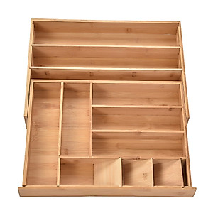 Garosa Bamboo Kitchen Drawer Organizer Expandable Drawer Organizer Adjustable Cutlery Tray Wooden Utensil Holder Multi Function Drawer Storage 9 Compartments for Silverware Knives