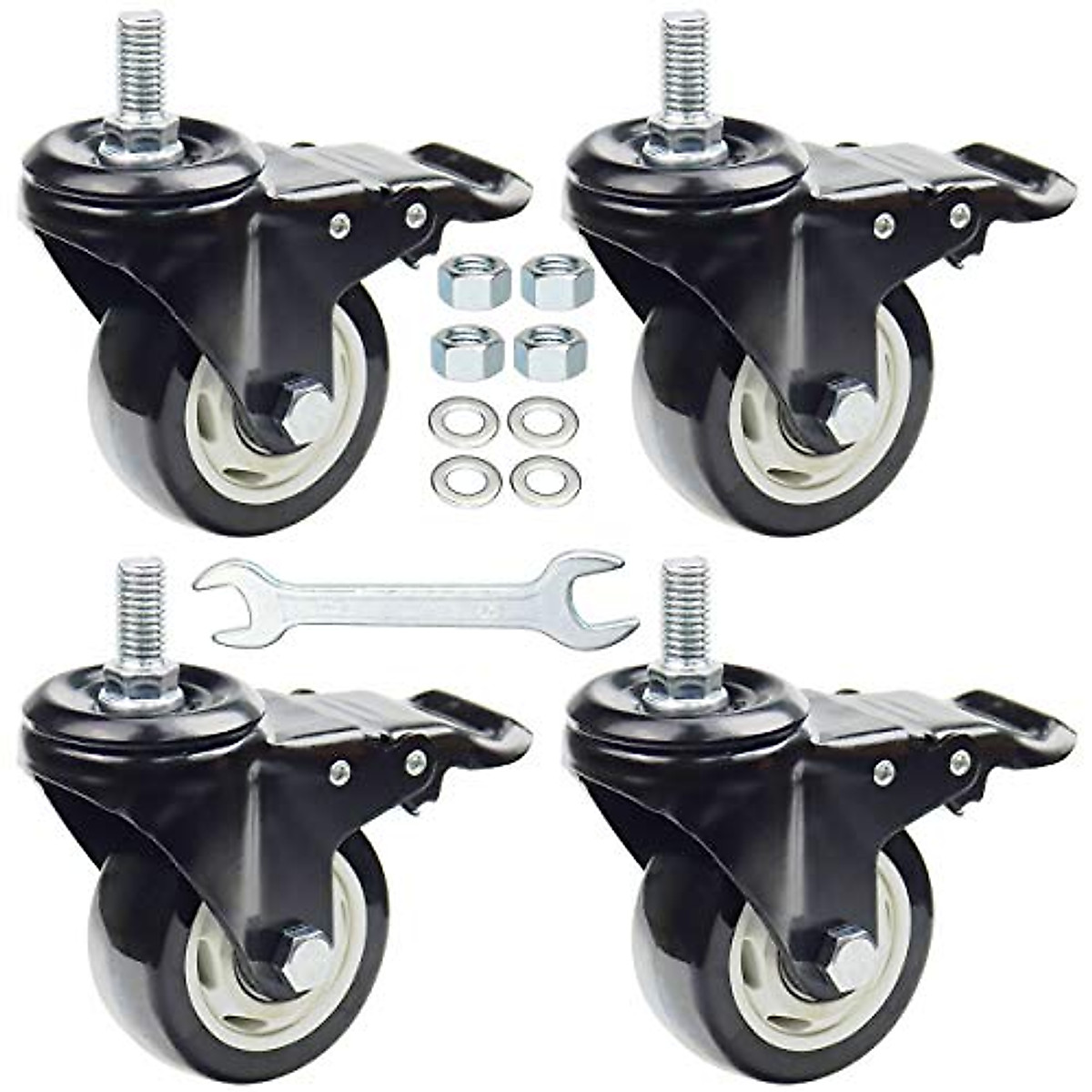 DICASAL 3 Inch Stem Casters Swivel Stem Mount Industrial Castors with American Size Thread 1/2"-13x1" Safety Dual Locking Wheels PU Foam No Noise Wheel for Workbench Furniture DIY Carts