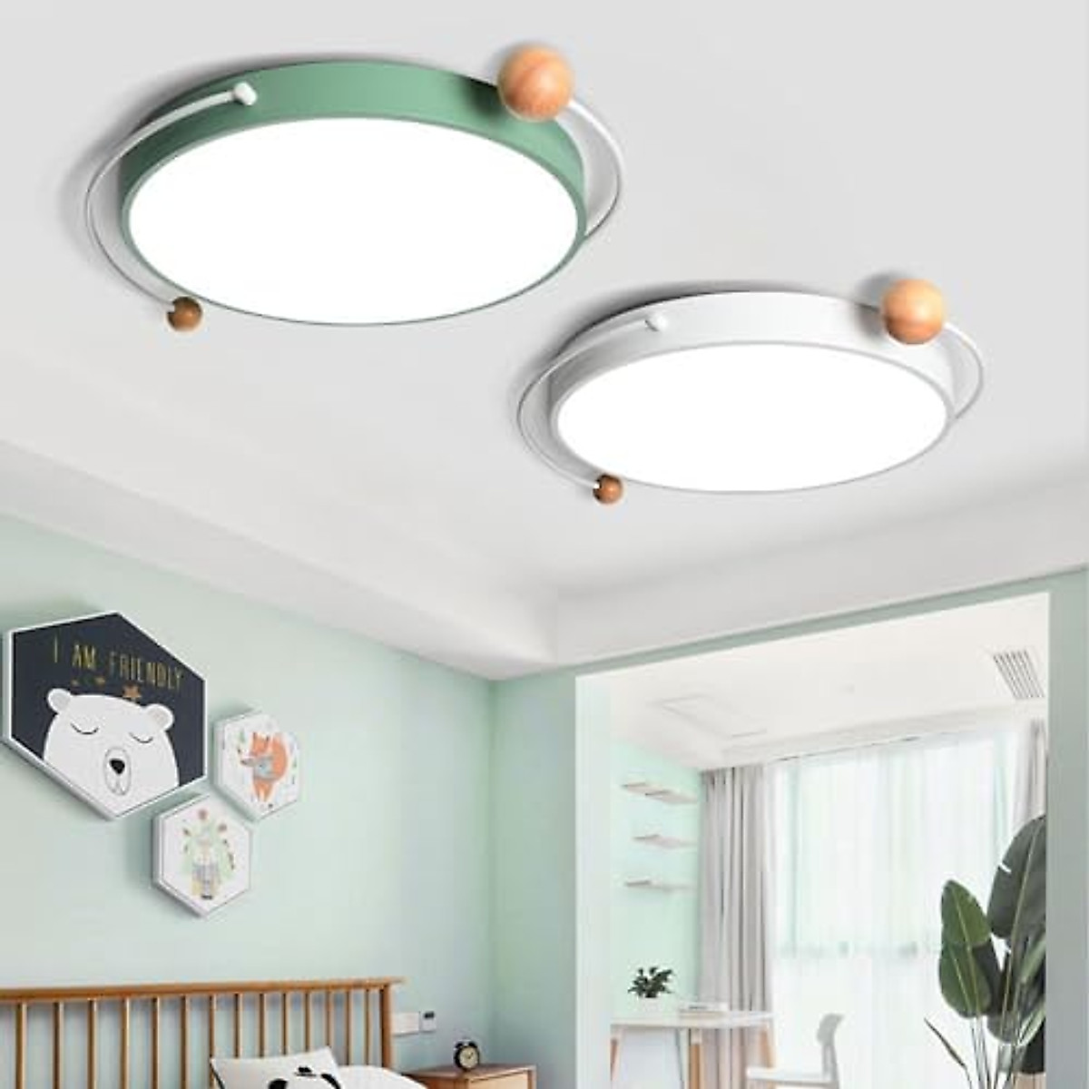 Green Simple and Atmospheric Round Ceiling Lamp Creative And Warm Log Decorative Hanging Lamp Boys Girls Bedroom Study Room Dining Room Kindergarten Flush Mount Ceiling Light Fixture ( Color : White l
