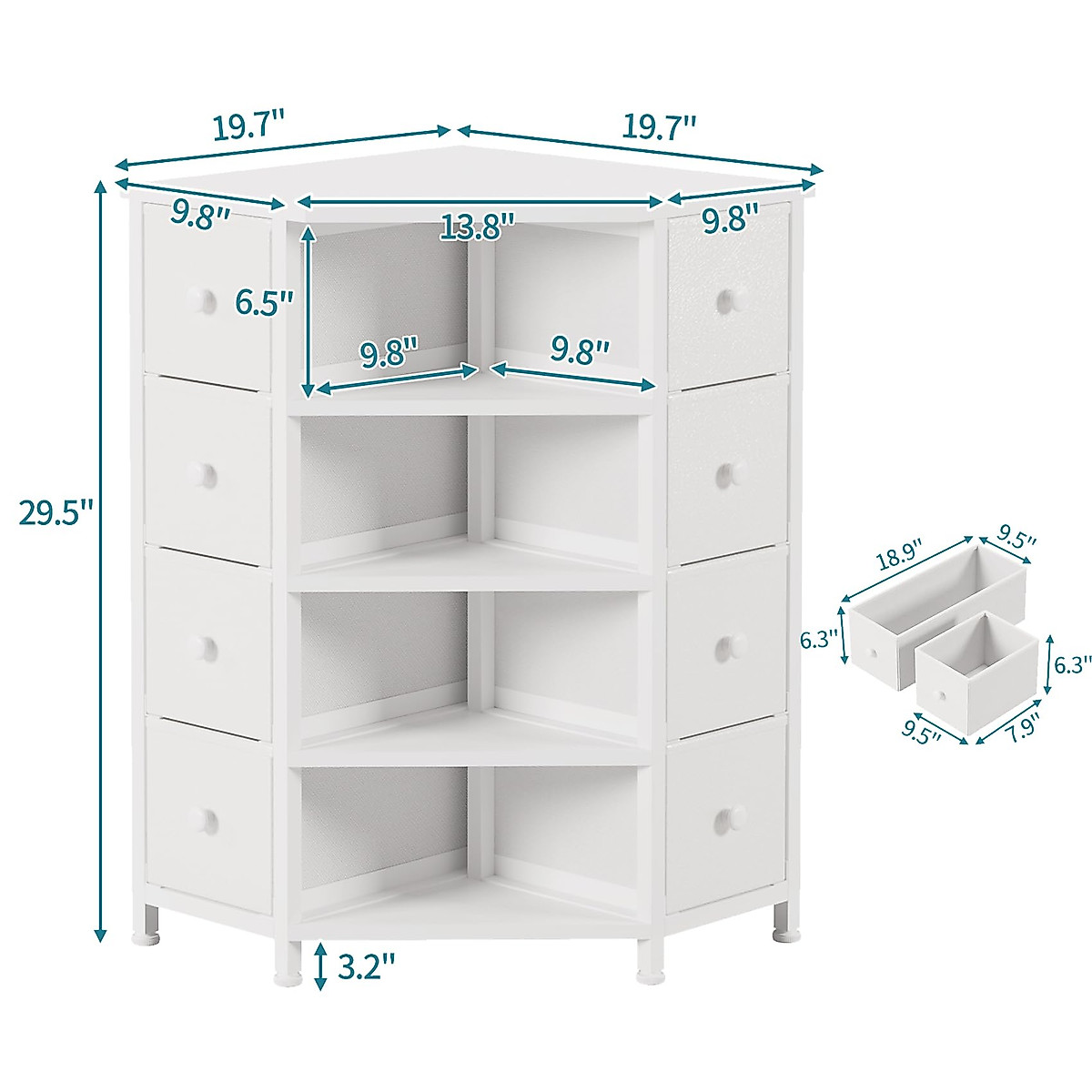 LUMTOK 8 Drawers Corner Dresser with Storage Fabric Drawers and Open Shelves for Small Space，Bedroom，Entryway，Living Room(White)
