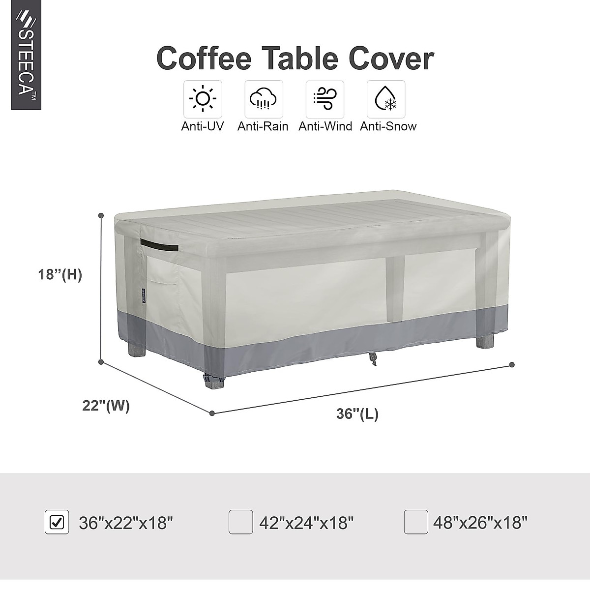 STEECA Patio Coffee Table Cover, Waterproof Rectangular Small Side Table Cover for Outdoor Furniture 36L x 22W x 18H inch
