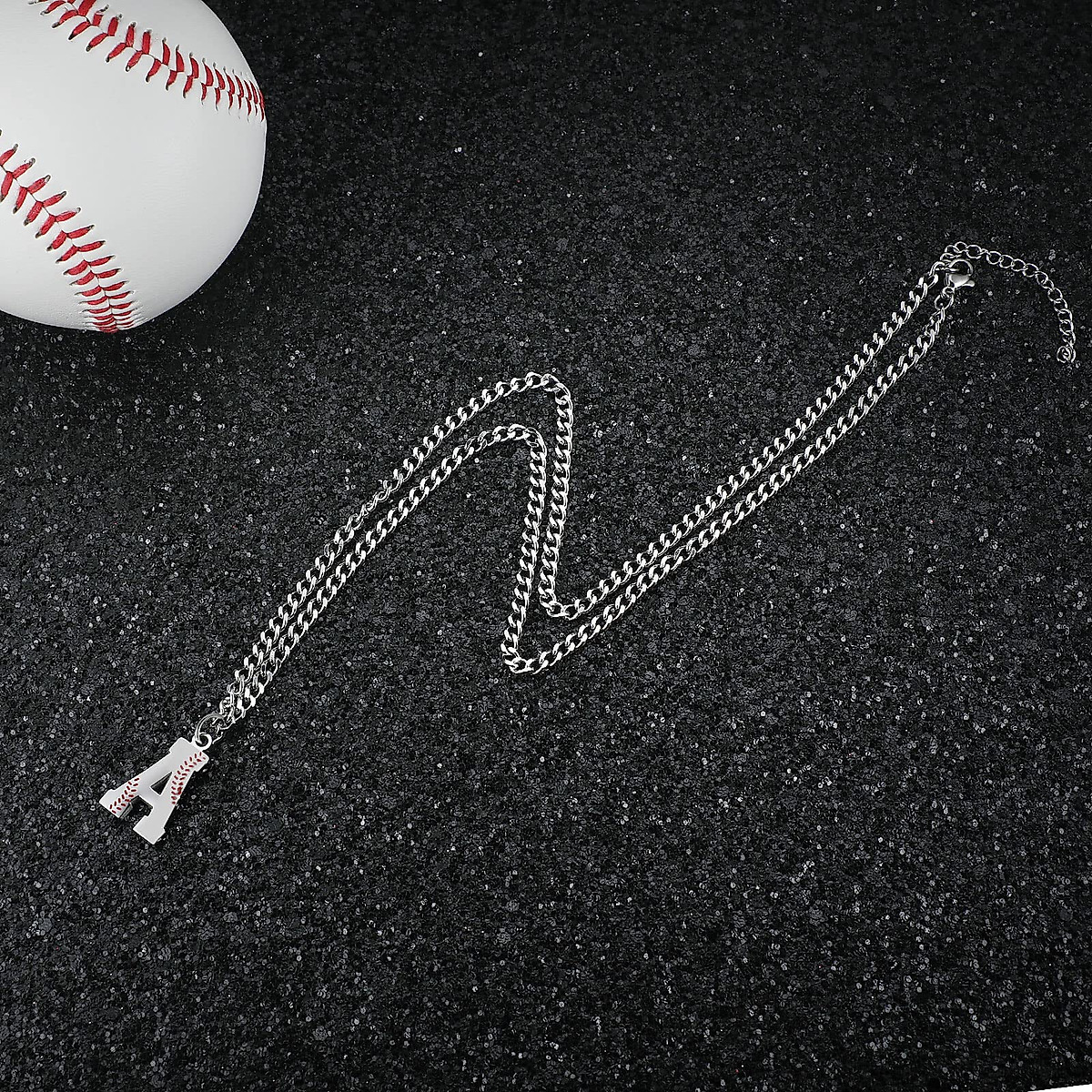 AIAINAGI Baseball Initial A-Z Letter Necklace for Men Baseball Charm Pendant Stainless Steel Silver Chain 22inch Personalized Baseball Gift for Men（J
