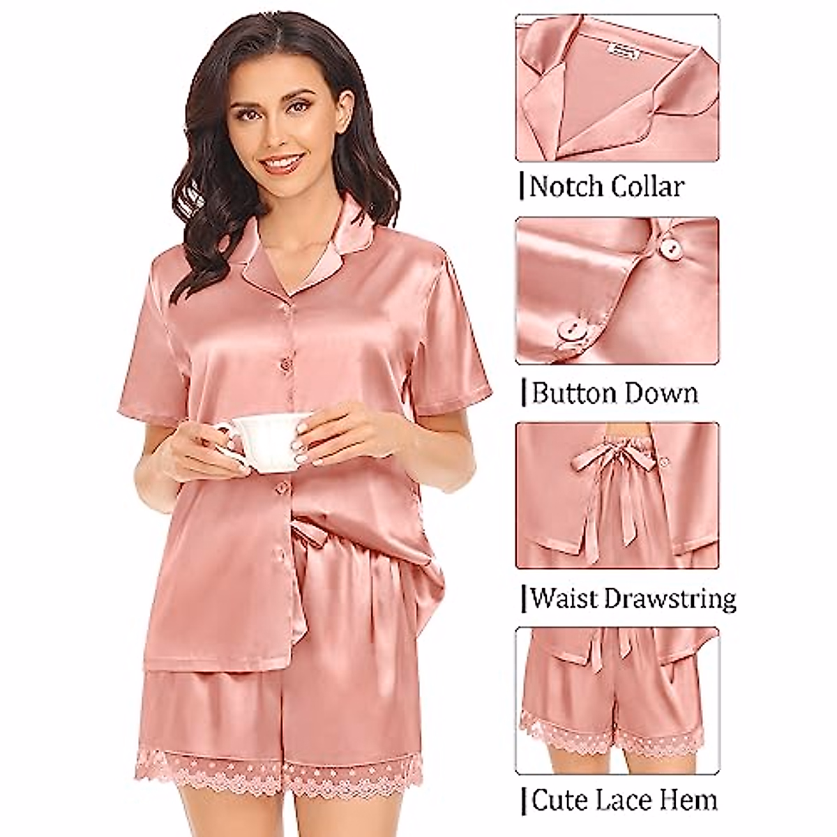 SWOMOG Ladies Pajamas Sets Satin Pajamas Womens Short Sleeve Sleepwear Soft Silky 2 Piece Loungewear Pjs for Bridal