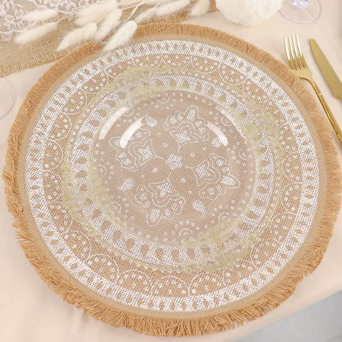 TABLECLOTHSFACTORY 4 Pack | Natural 15" Jute & White Print Fringe Placemats, Rustic Round Woven Burlap Tassel Table Mats