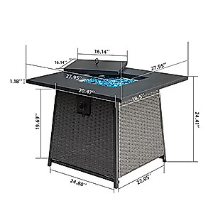Domi Gas FirePit Table, 28 Inch 50,000 BTU Outdoor Wicker Patio Propane Firepit w/Blue Glass Rocks, Hideaway Tank Holder, ETL Certification, Cover Lid, Wood Look Tabletop (Square)