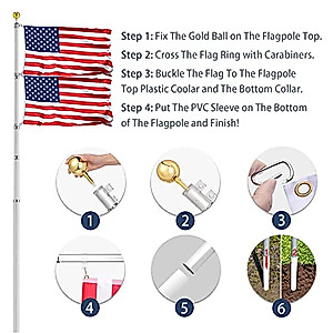 Hooomyai 20FT Telescopic Flag Pole Kit, Heavy Duty Aluminum Telescoping Flagpole Kit Fly 2 Flags, Outdoor In Ground Flagpole with 2 USA Flag & Gold Ball Top for Residential or Commercial, Silver