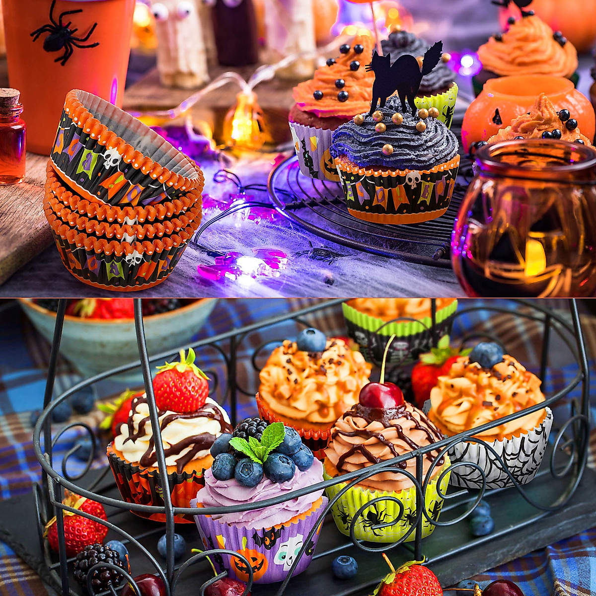 600 Pieces Halloween Cupcake Liners Halloween Pumpkin Colorful Donuts Baking Cups Disposable Paper Cupcake Wrappers Muffin Case Trays Baking Wraps for Halloween Birthday Party (Delicate Style)
