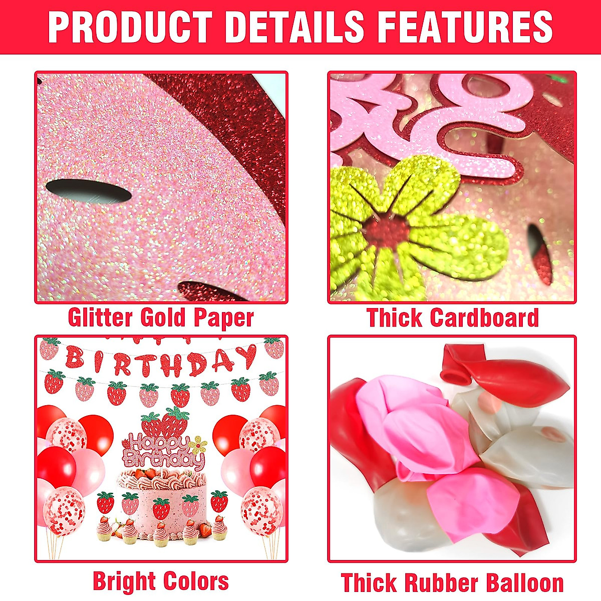 Strawberry Birthday Party Decoration Set Strawberry Happy Birthday Banner Strawberry Cake Toppers, Strawberry Balloons for Little Cutie Baby Shower Girls Party Decor Strawberry Themed Party Supplies