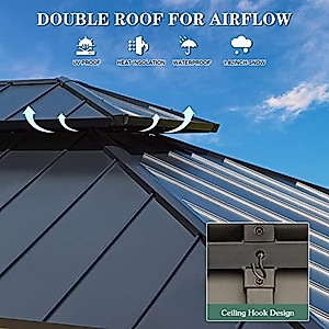 YOLENY 13' x 15' Wood Gazebo, Spruce Frame Outdoor Hardtop Gazebo with Metal Roof, Privacy Curtains and Nettings for Patio, Garden, Backyard