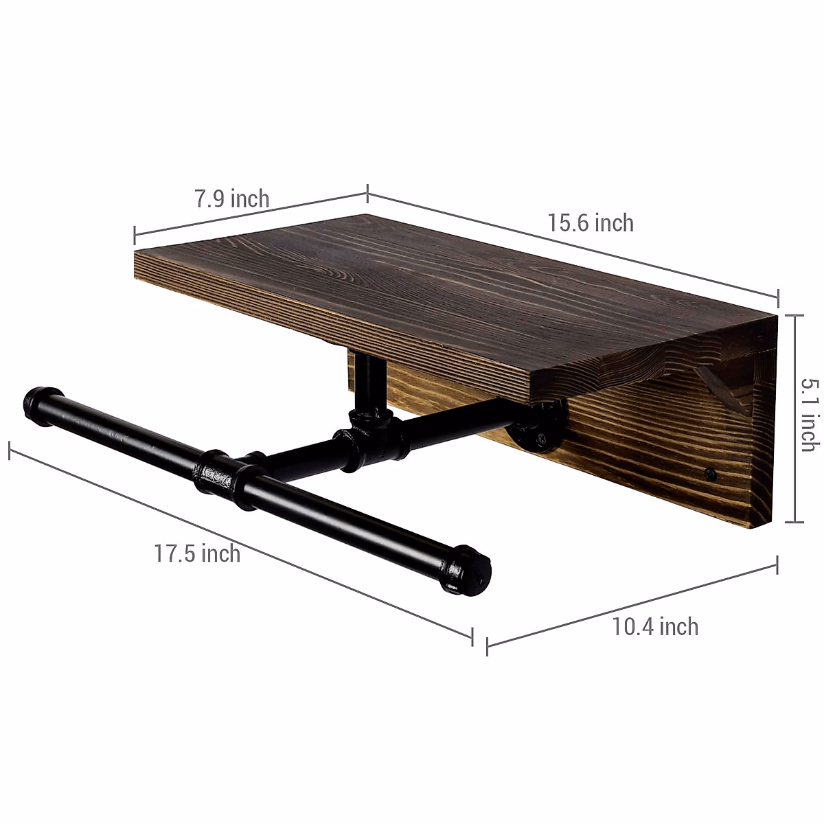 MyGift Wall Mounted Garment Rack with Top Rustic Burnt Solid Wood Shelf, Industrial Matte Black Metal Pipe Storage Clothing Hanger Rod and Display Shelf