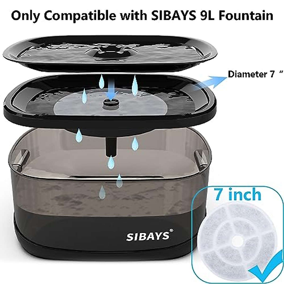 SIBAYS 6 Pack 7" Large Size Activated Carbon Cat Water Fountain F-ilters Replacement 300oz/9L Water Fountain with 5 Layers F-iltration System Pet Water Fountains,Coconut Shell and PP Cotton