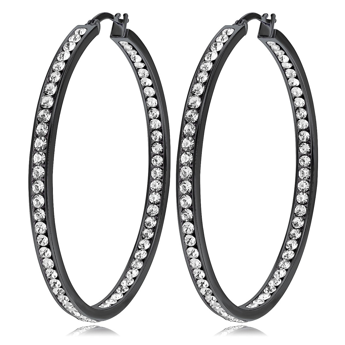2 Inch Black Large Hoop Earrings for Women Stainless Steel Hypoallergenic Big Hoop Earrings White Cubic Zircon Hoops Rhinestone Crystal Earrings for Sensitive Ears 50mm