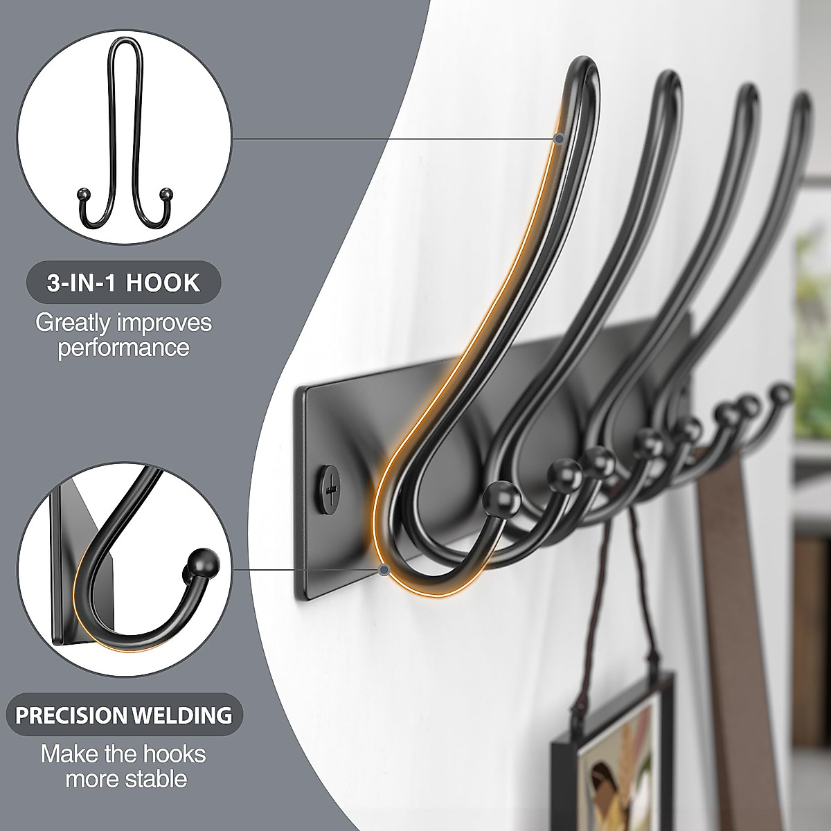 niffgaff Coat Rack Wall Mount - 4 Tri Coat Hooks Wall Mounted Hanging Coat, Jacket, Purse, Backpack, Clothes, Towel, Black Wall Hanger for Entryway, Bedroom, Bathroom, Living Room