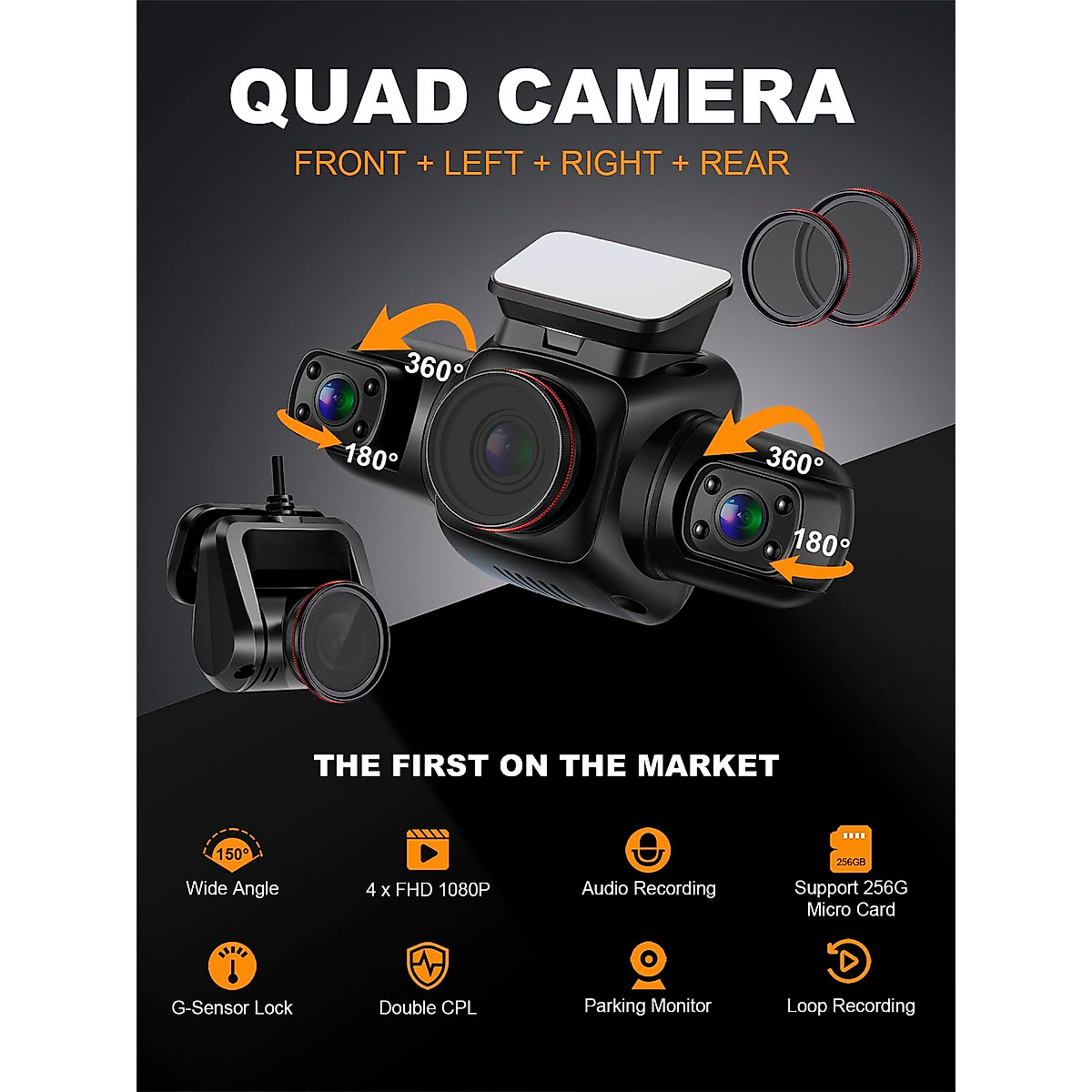 PRUVEEO Dash Cam, 4 Channel Camera FHD 1080Px4, Front Left Right and Rear, Front and Rear Inside, Built-in GPS WiFi, Polarizing Lens CPL Filter, Free 128GB Card, Double CPL