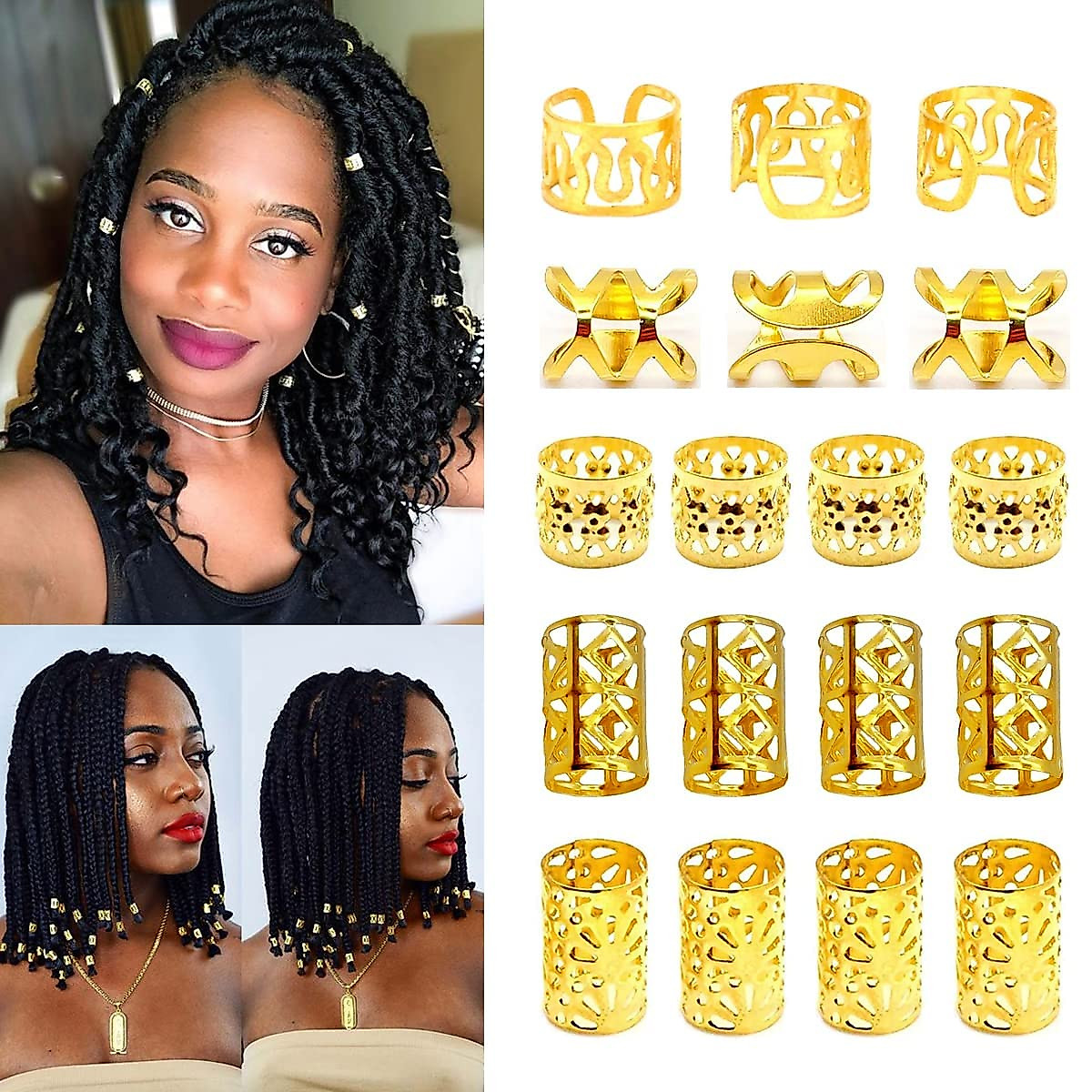 100 PCS Gold Dreadlock Beads Locs Accessories , Jewelry for Braids, Women and Girls, Adjustable Cuffs Braiding Hair Rings Decoration