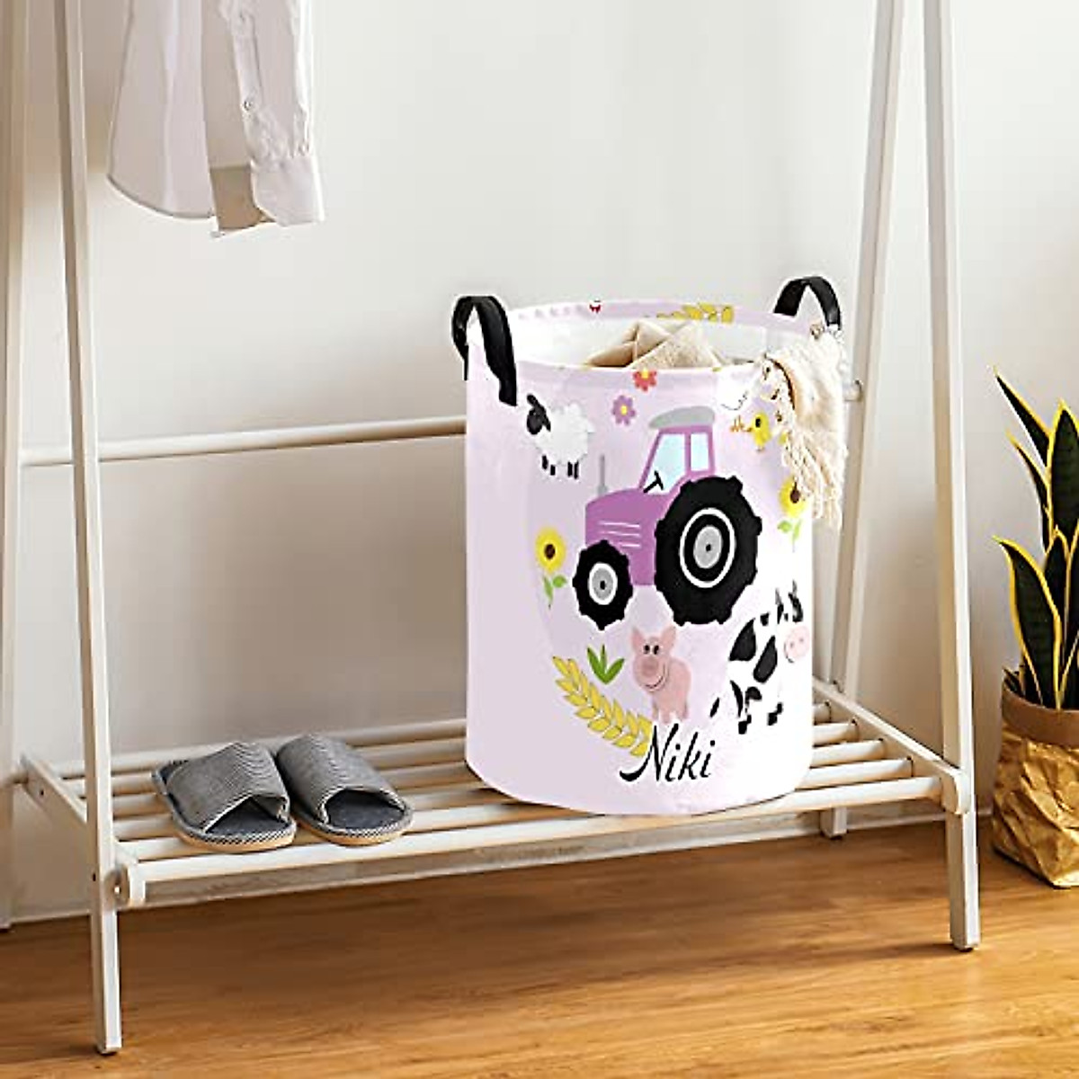 Cute Pink Farm Animals Tractor Laundry Basket Personalized with Name Laundry Hamper with Handle Organizer Storage Bin Bedroom Decor for Boys Girls Adults