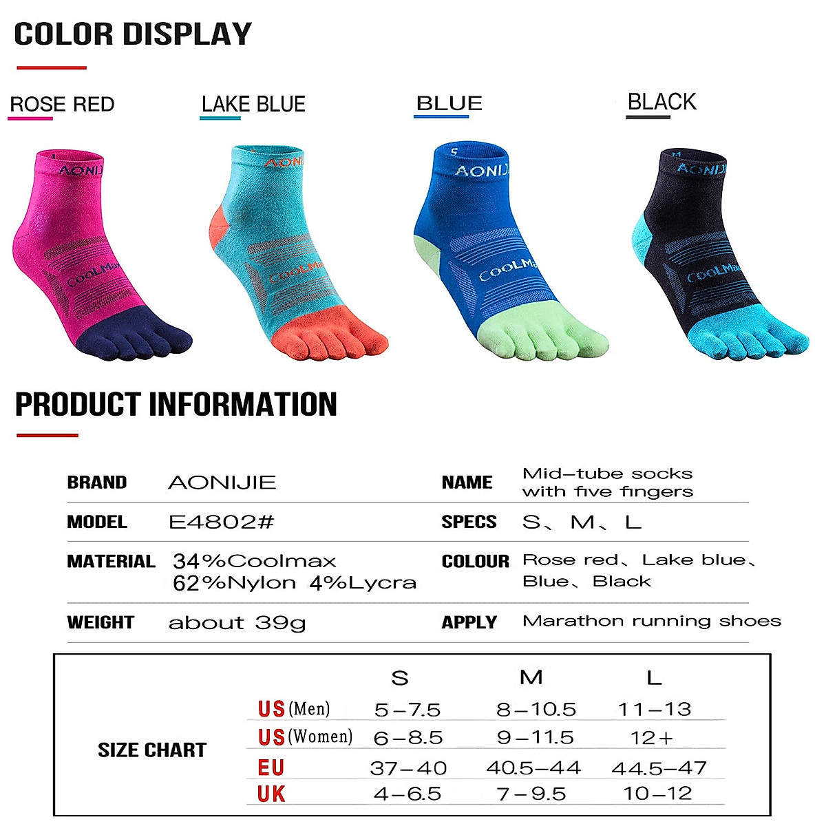 AONIJIE Toe Socks for Men and Women High Performance Athletic Five Finger Quarter Socks Soft, Comfortable and Breathable, Medium
