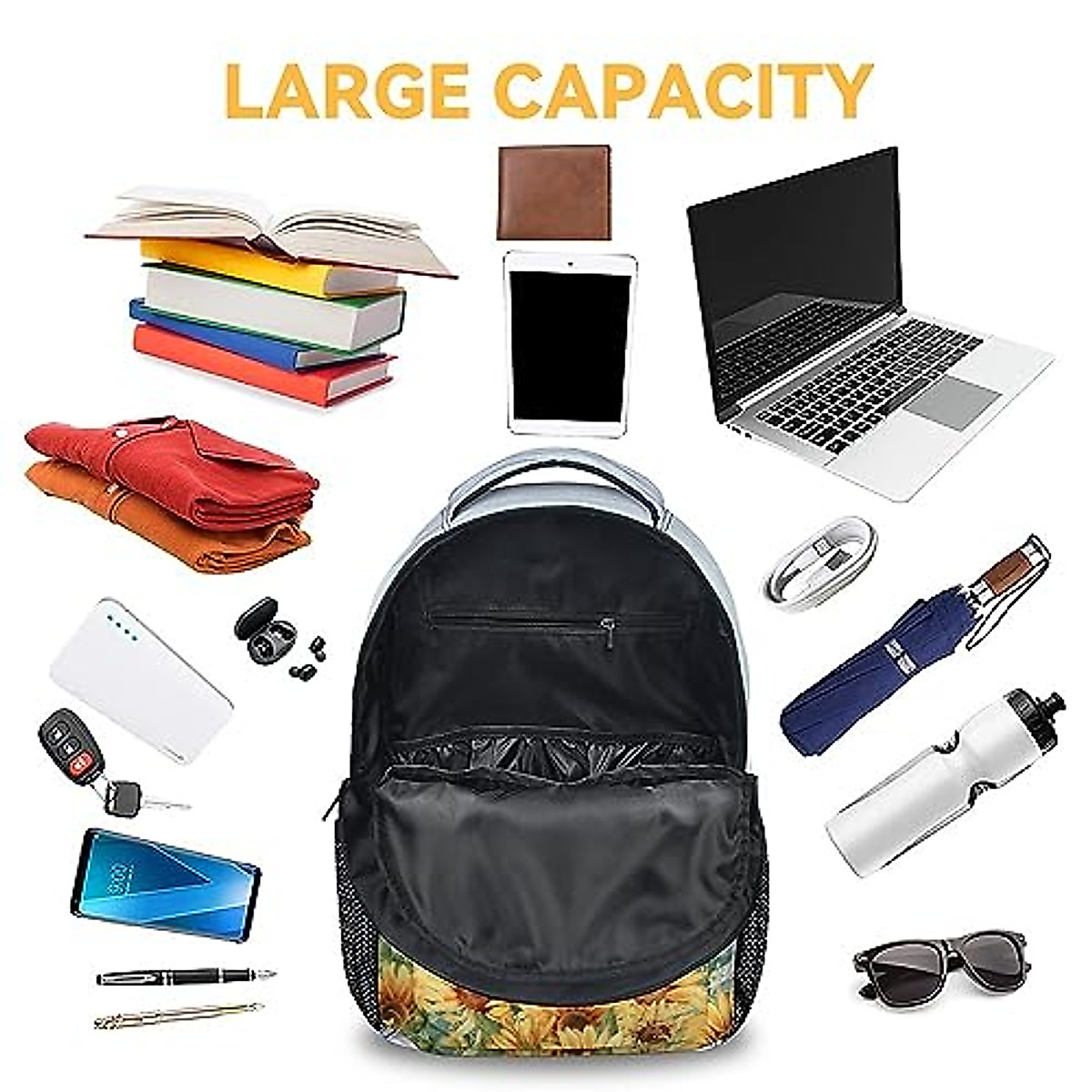 PAKKITOP Personalized Highland Cow Backpack for Teen Girls Women, 16" Casual Backpack for School, Custom Sunflower Print Large Capacity Lightweight Bookbag for Students