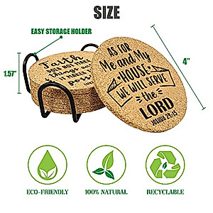 Homythe Christian Gifts for Women Men, Bible Verse Scripture Coasters with Inspirational Thoughts and Prayers, Religious Housewarming Gift for Friends Family, 6 Pcs Cork Coasters with Metal Holder