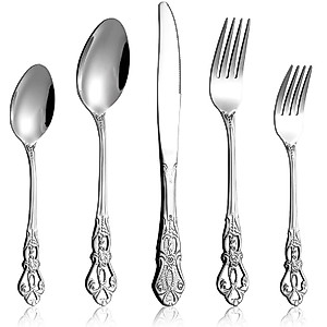 Cididu 40 Pieces Retro Royal Silverware Set for 8, Stainless Steel Flatware Set, Dishwasher Safe Dinnerware Set Including Forks Spoons and Knives, Vintage Cutlery Set for Wedding, Party and Christmas