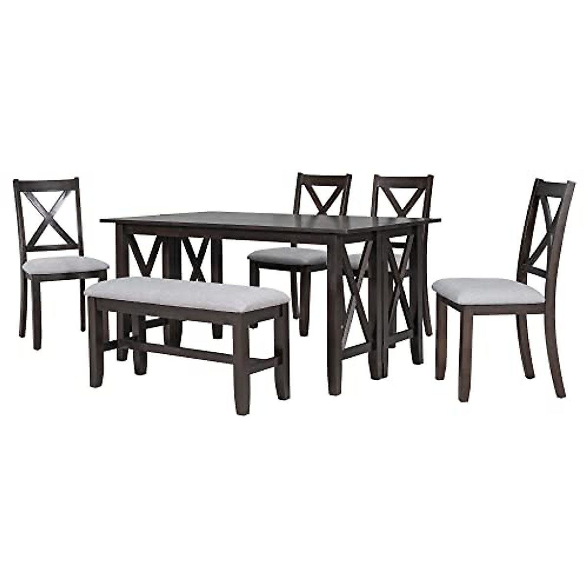 WOZNLA 6-Piece Rustic Dining Table Set - Foldable Table, 4 Padded Chairs, and 1 Bench - Ideal for Kitchen and Family Gatherings, Home Furniture Set, Espresso