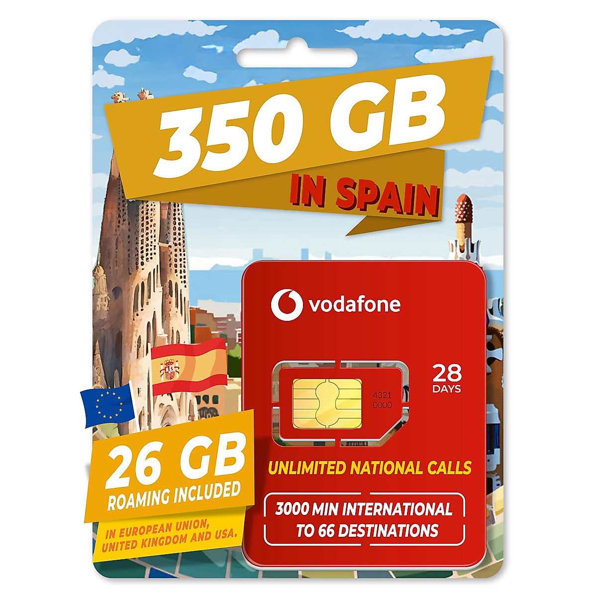 Vodafone Spain XL Prepaid SIM Card 350GB and 26GB in The Rest of Europe, UK, Turkey | 1600 Minutes to The US, Canada and to 66 Other Countries | Activation only at www tourtech .Shop