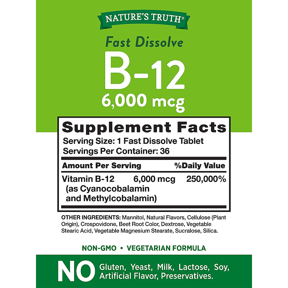 Nature's Truth B12 Vitamin 6000 mcg | 36 Tablets | Fast Dissolve Natural Berry Flavor | Vegetarian, Non-GMO & Gluten Free