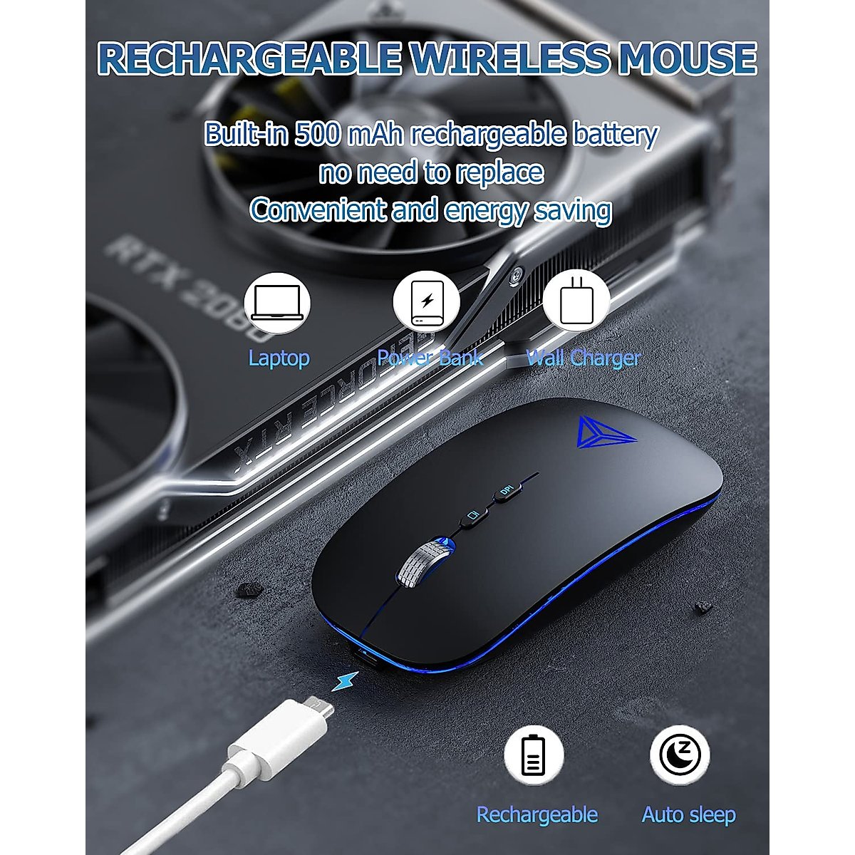 Uineer Bluetooth Mouse, LED Rechargeable Wireless Mouse(BT 5.1+2.4G), Silent Computer Mice for Laptop Desktop, MacBook, Windows, Mac OS,Black