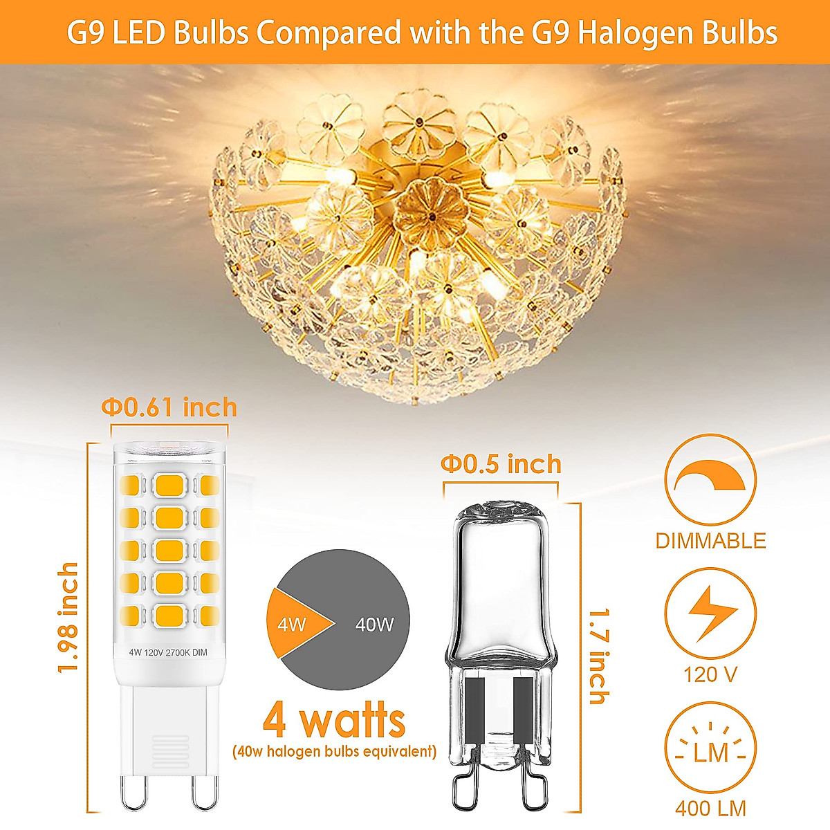 Sailstar G9 LED Bulb Dimmable 2700K Soft Warm White 6 Pack, T4 G9 4W Replacement for 40 Watts Halogen, Ceramic Bi Pin Base, 120V 400 Lumen 360°Beam Angle, G9 Light Bulbs for Chandelier