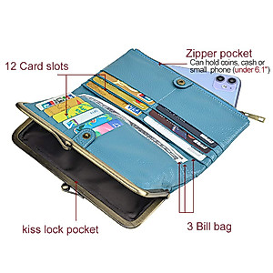 EASTNIGHTS Rfid Blocking Wallets for Women Leather Clutch Wallet Bifold Credit Card Holder Ladies Coin Purse with Zipper and Kiss Lock (Blue)