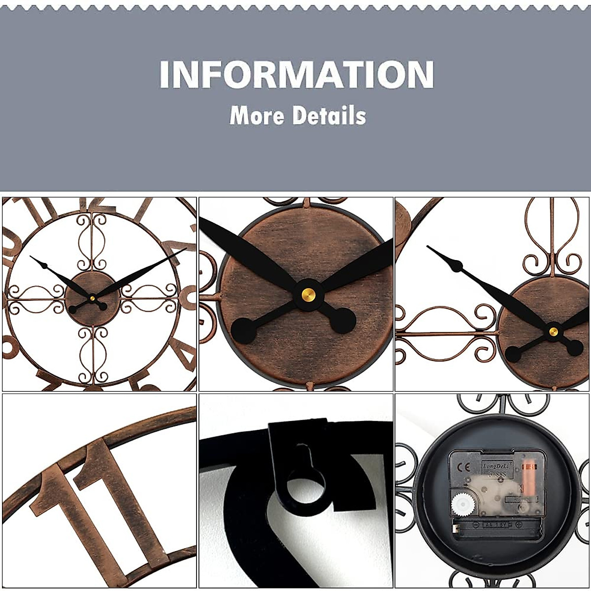 UMEXUS Outdoor Indoor Retro Wall Clock Waterproof, 18 Inch Metal Cut Out Large Decorative Silent Non Ticking Wall Clock for Living Room, Patio, Garden, Office, Home Decor (Copper)