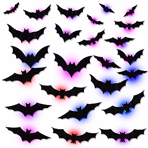 Halloween LED Bats Light Wall Stickers Glow in The Dark 3D Wall Decor for Home Decor Indoor Party Decorations (24, 5 Sizes)